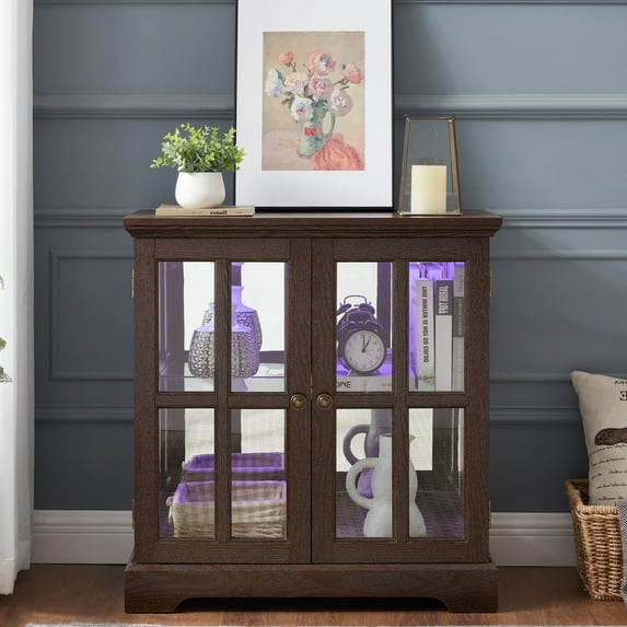 CQSXDA LED light Retro Style Display Cabinet with Lattice Doors ...