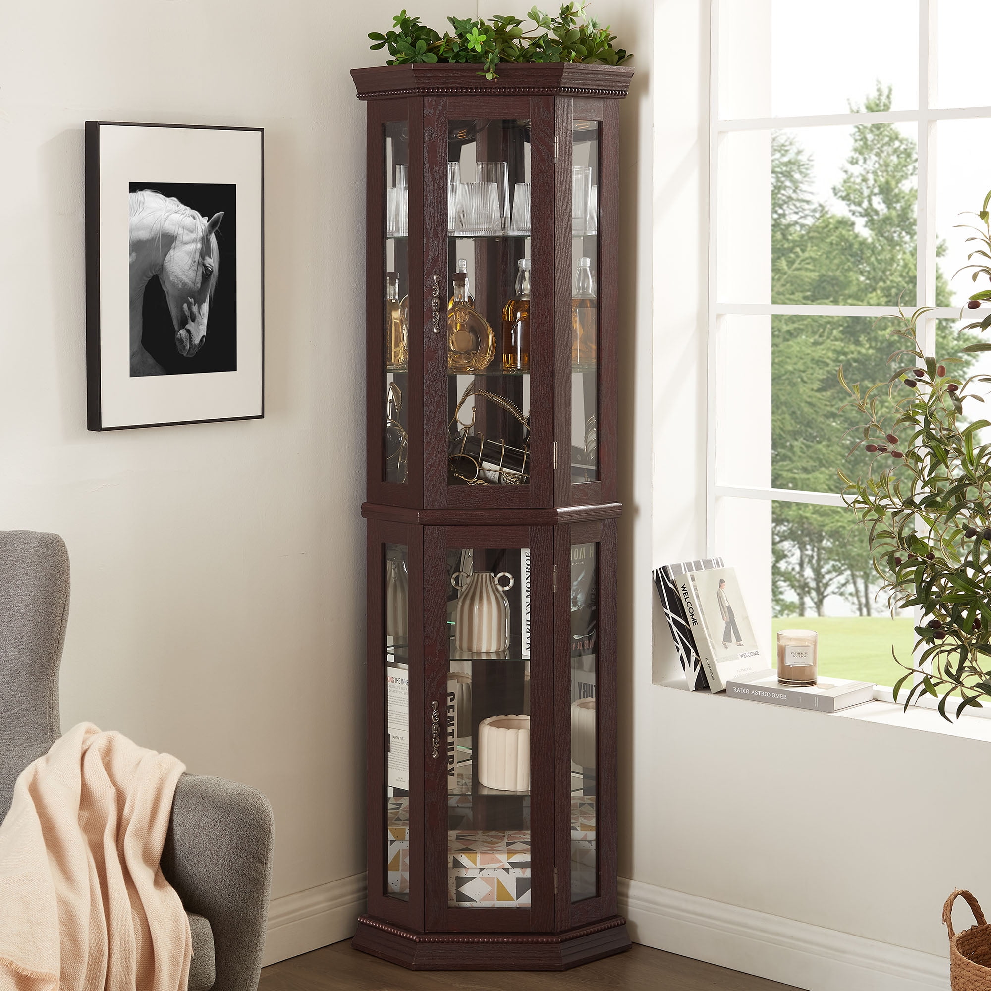 CQSXDA Lighted Corner Display Cabinet with Adjustable Glass Shelves and ...