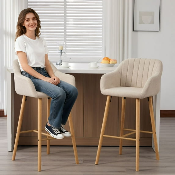 CQSXDA Modern Bar Stools Set of 2 with Back and Arm, Linen Fabric ...