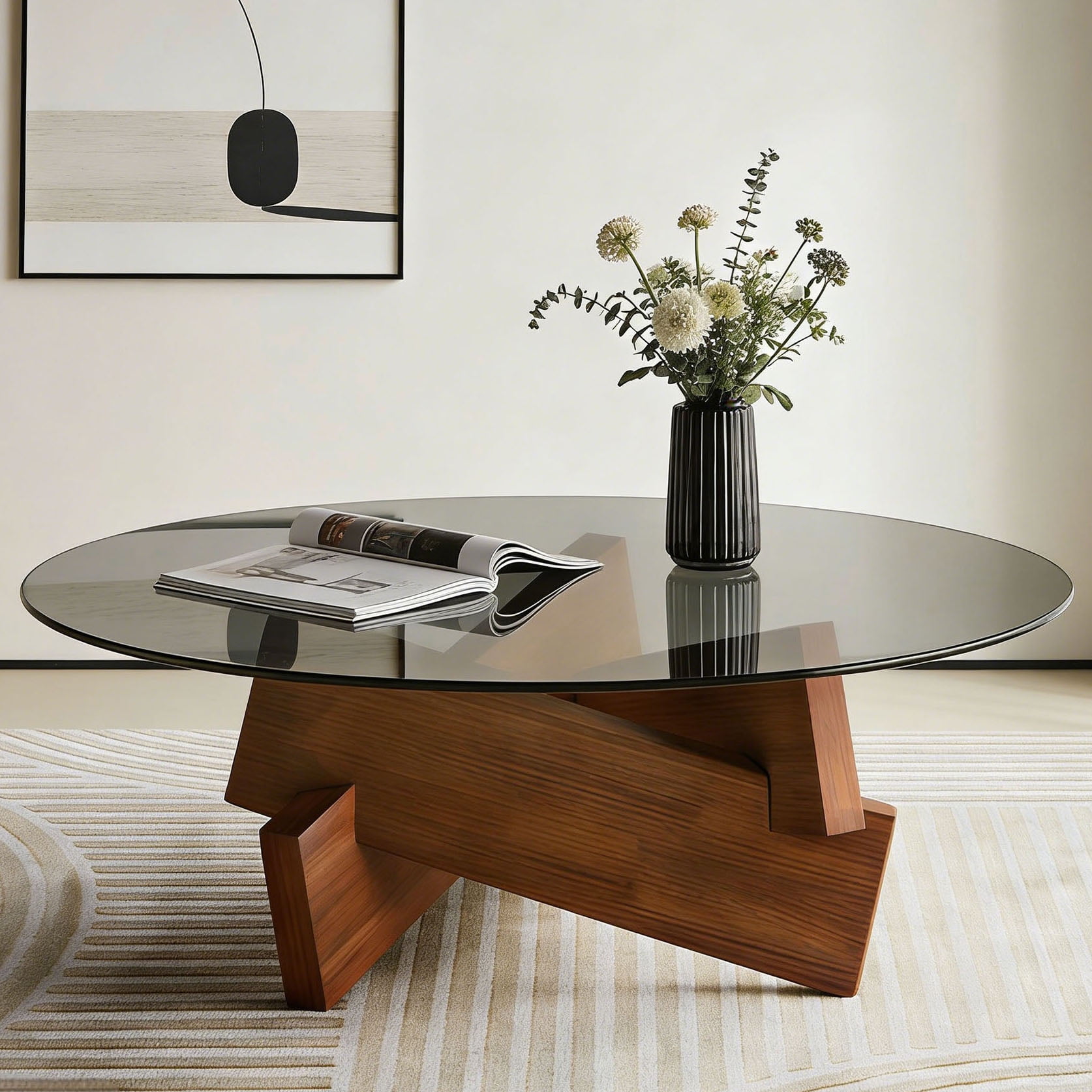 CQSXDA Modern Round Coffee Table in Walnut Finish 27.5 Inch Tempered ...