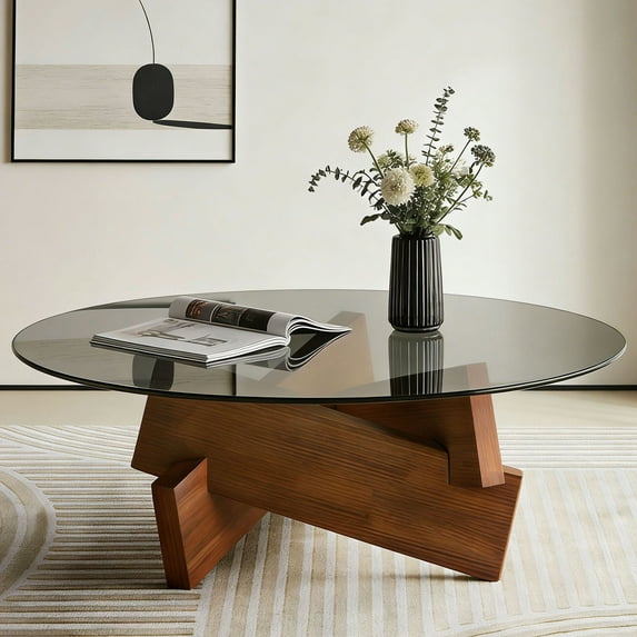 CQSXDA Modern Round Coffee Table in Walnut Finish 27.5 Inch Tempered ...