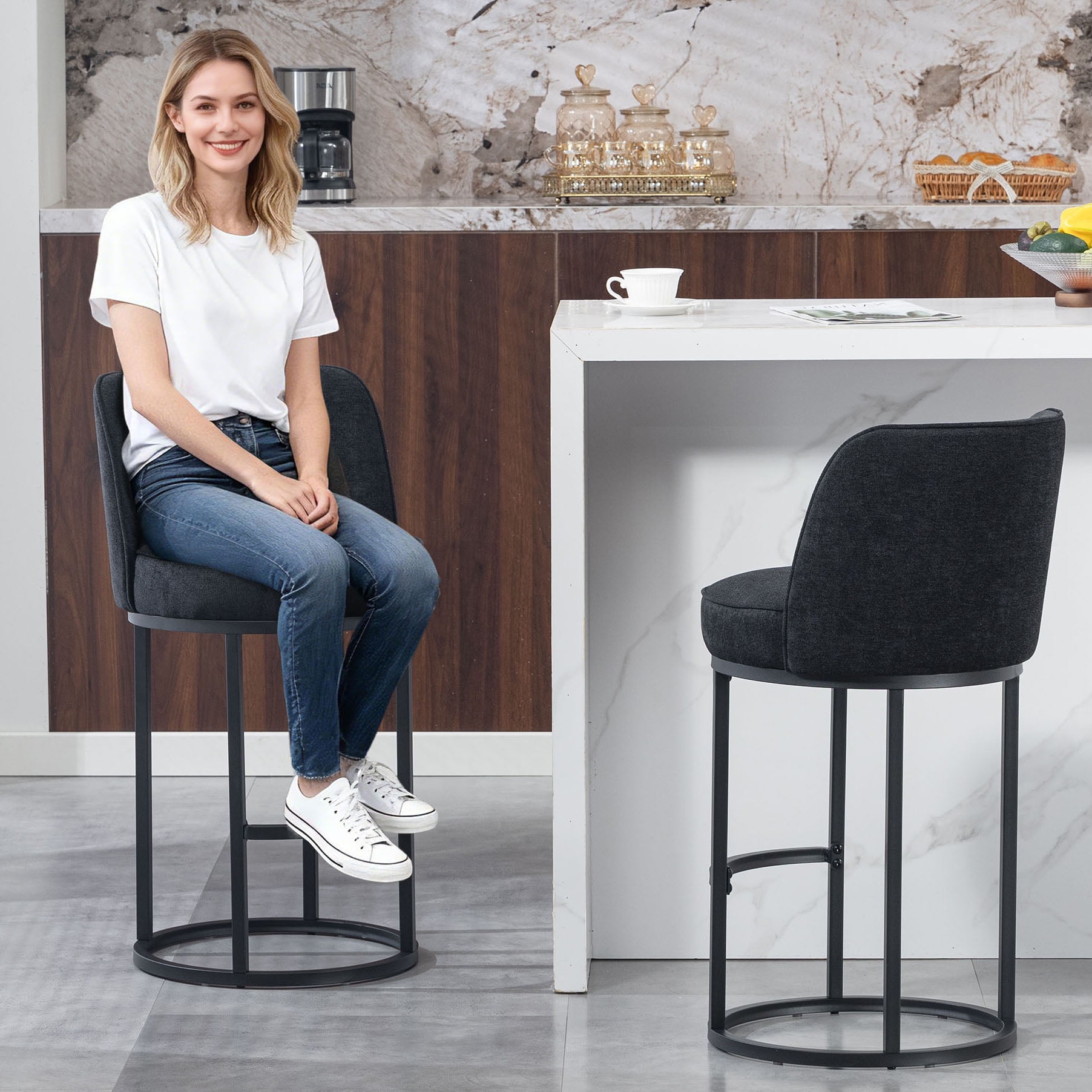 CQSXDA Modern Set of 2 Linen Fabric Upholstered Accent Bar Stools with ...