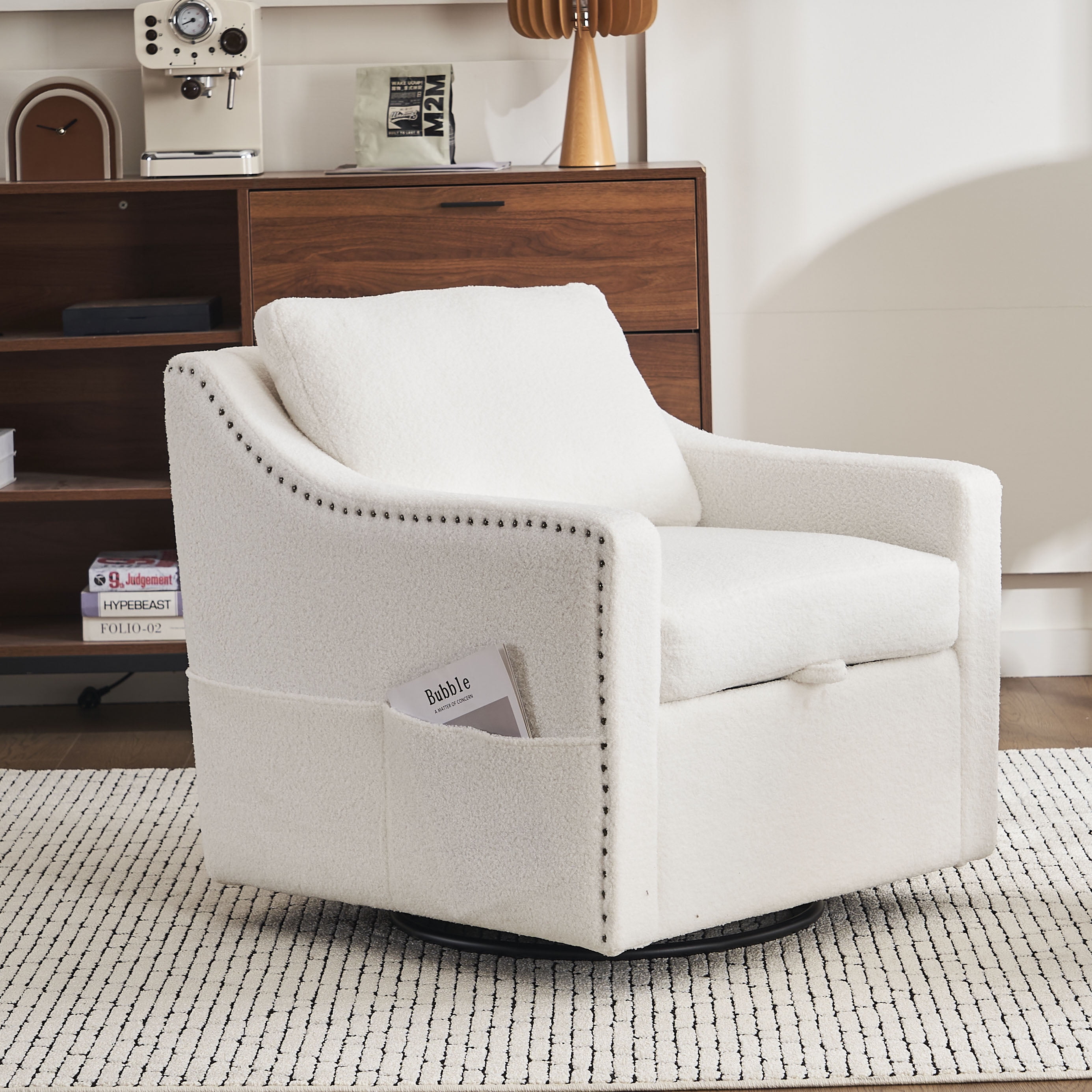 CQSXDA Modern Teddy Fabric 360° Swivel Accent Chair with Rivets ...