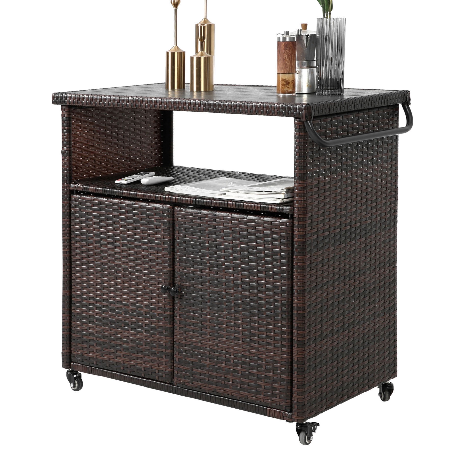 CQSXDA Outdoor Wicker Bar Cart Light Brown Glass Top With Wheeled Base ...