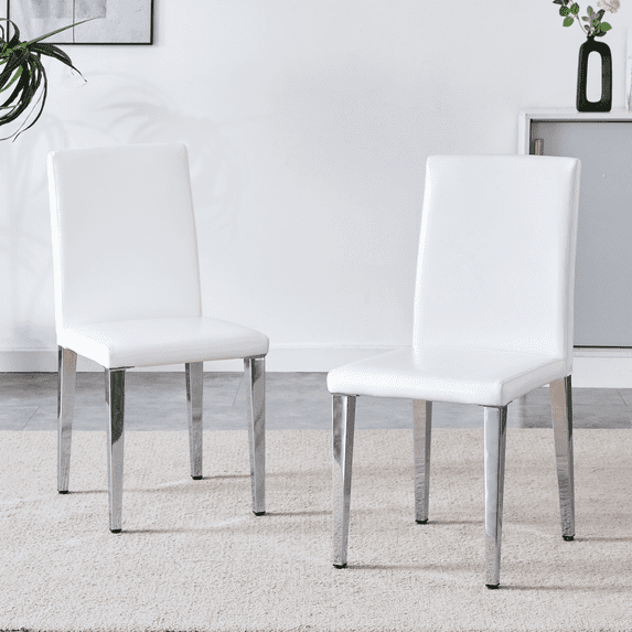 CQSXDA Set of 2 White PU Leather Backrest Chairs with Silver Metal Legs ...