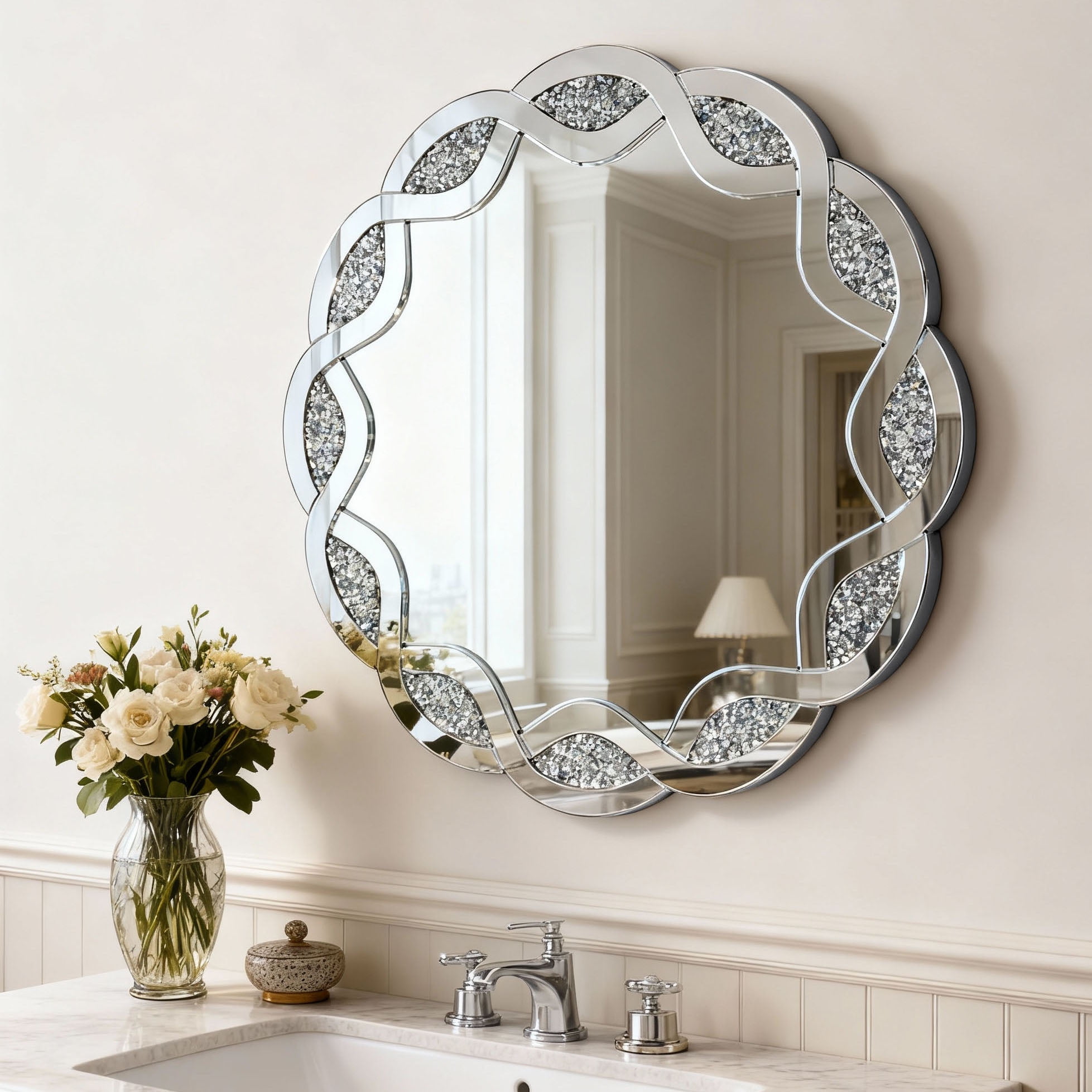 CQSXDA Silver Crush Diamond Round Wall Mirror 31.5 Inch Wave Frame ...