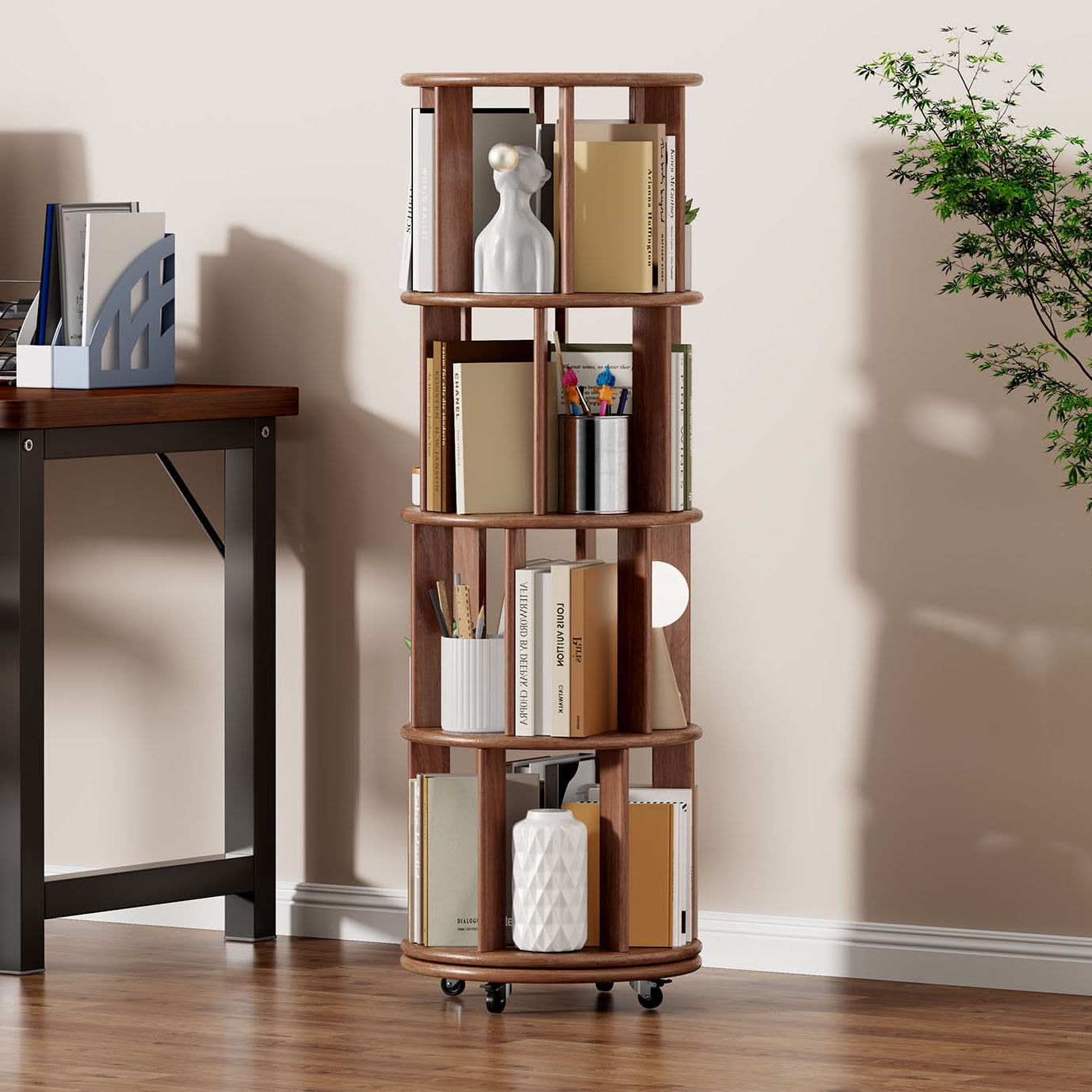 CQSXDA Solid Wood Rotating Bookshelf on Wheels, Walnut Finish 4 Tier ...