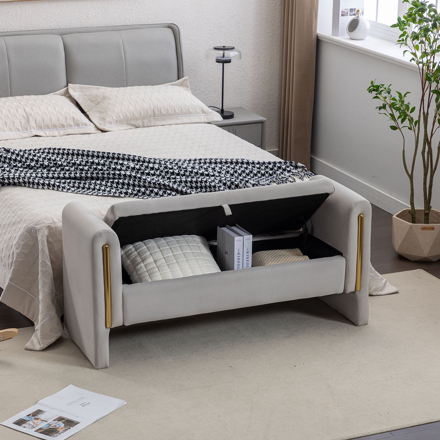 S-HOME Velvet Fabric Storage Bench With Gold Metal Trim Strip 53.1 ...