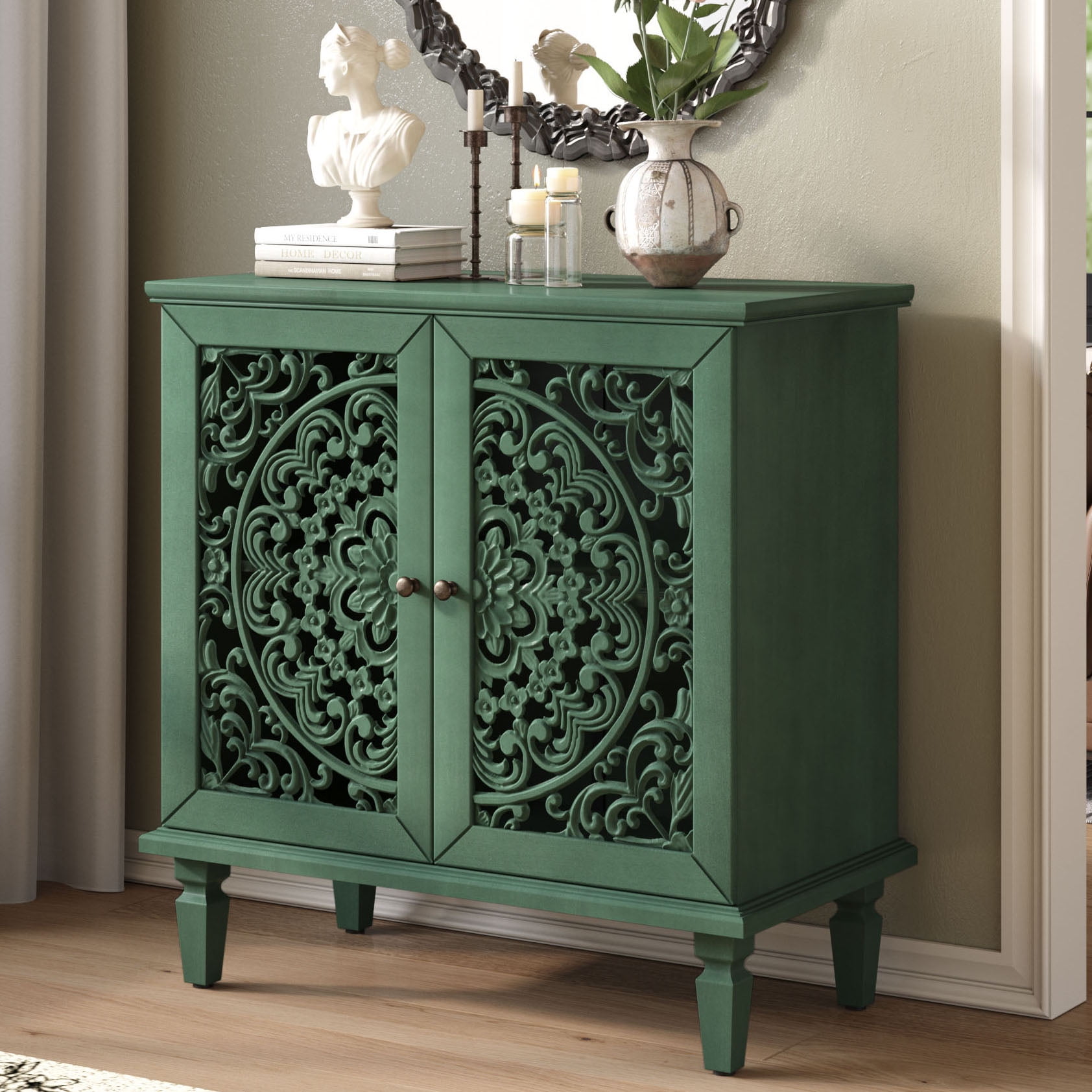 CQSXDA Vintage Hollow-Carved Accent Cabinet with Symmetrical Floral ...