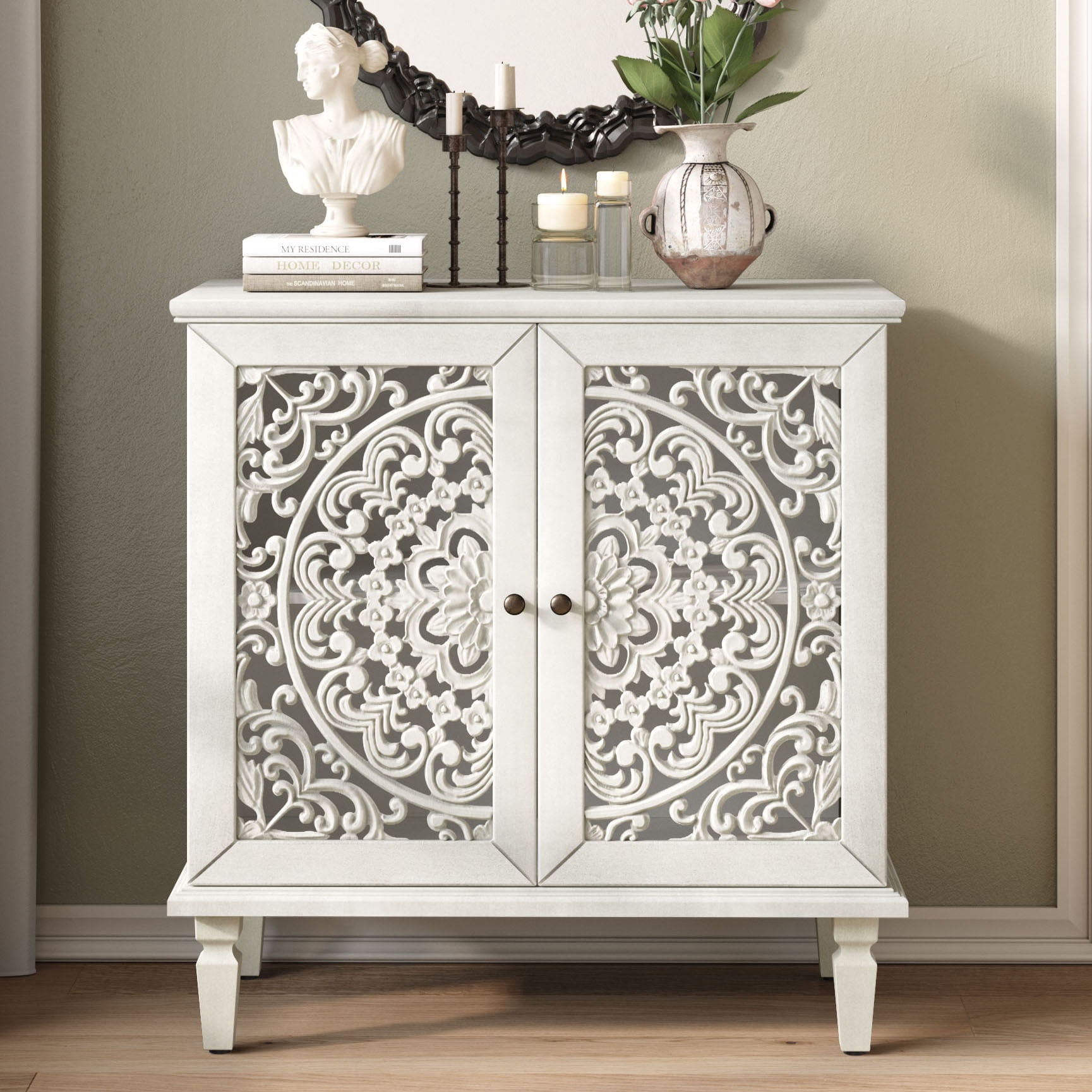 CQSXDA Vintage Hollow-Carved Accent Cabinet with Symmetrical Floral ...