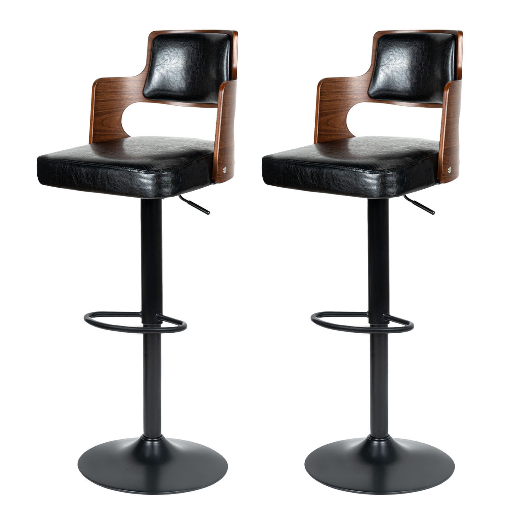 CQSXDA Wooden Swivel Bar Stools Set of 2, Dark PU Leather Upholstered ...