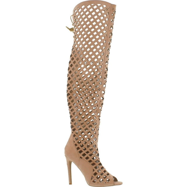 CR Elnora Gladiator Open Toe Lace Back Full Zipper Thigh High Stiletto ...