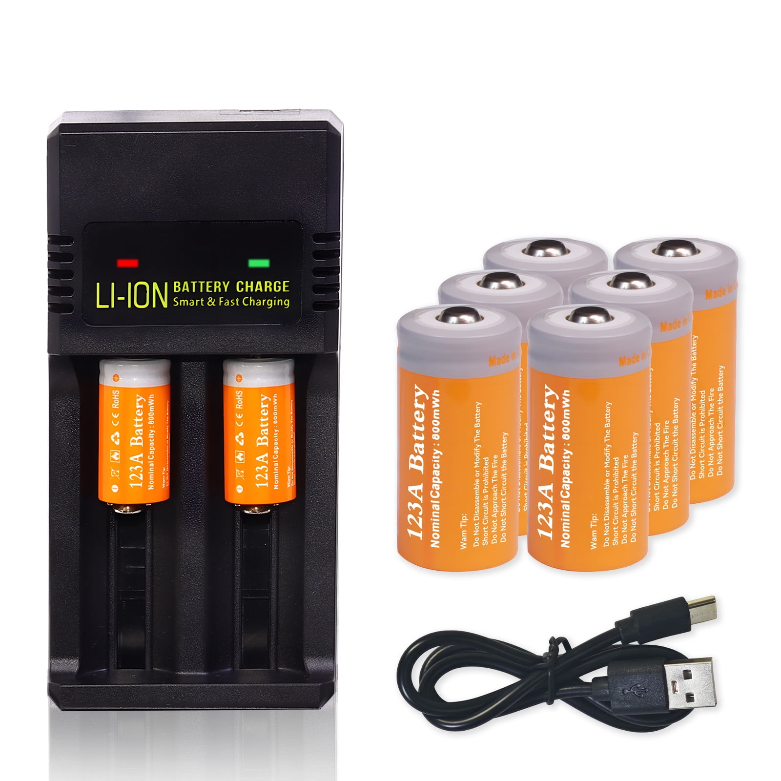 CR123A Rechargeable Batteries 8-Pack with Charger - 3.7V 800mAh Lithium ...