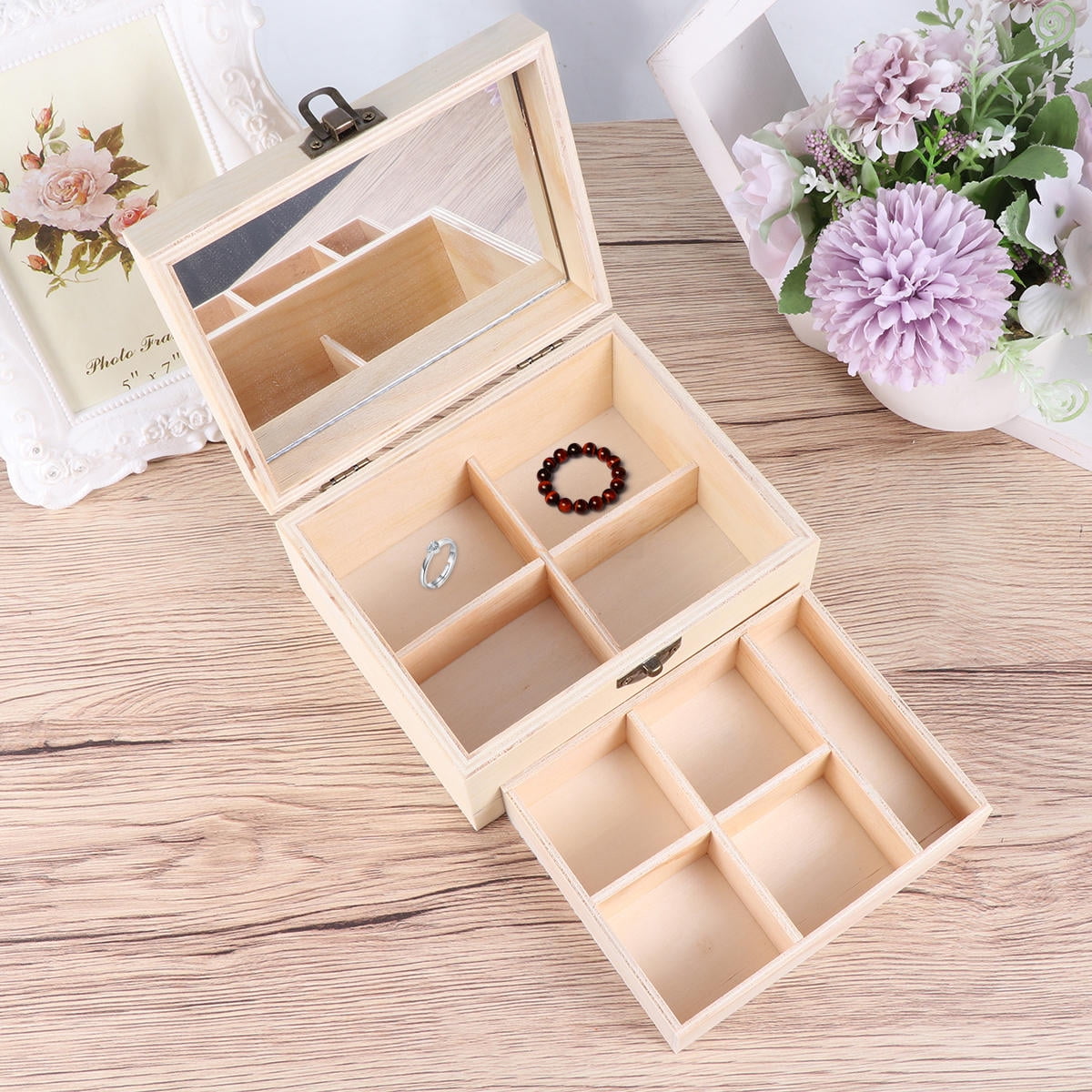 CRAFTHROU 1Pack Wood Color Jewelry Box 15 x 12 x 3in with Double Mirror ...