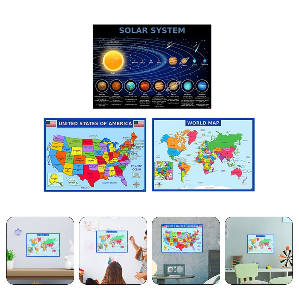 CRAFTHROU 3Pcs World and Solar System Maps for Students Space Decor ...