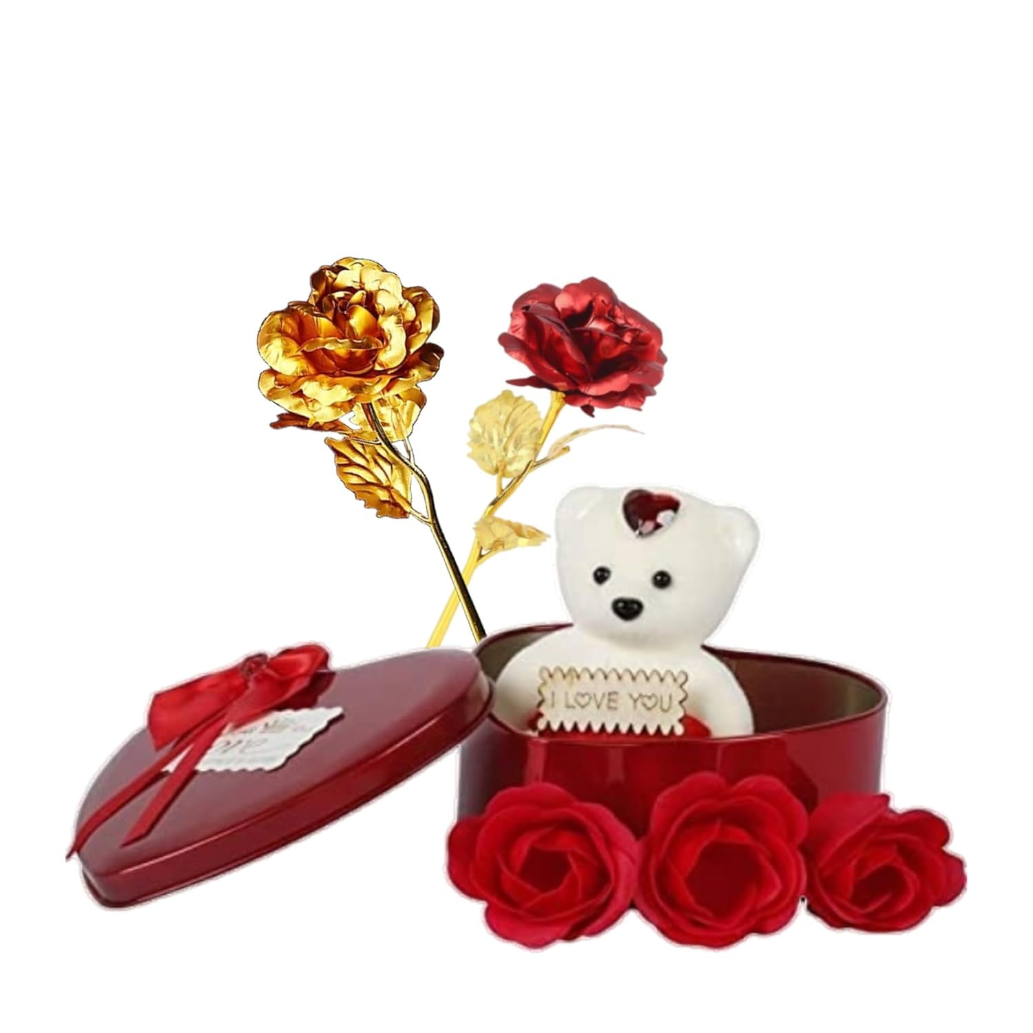CRAFTINKY Valentine Combo Teddybox Red Golden Rose Gift Set Red Heart ...