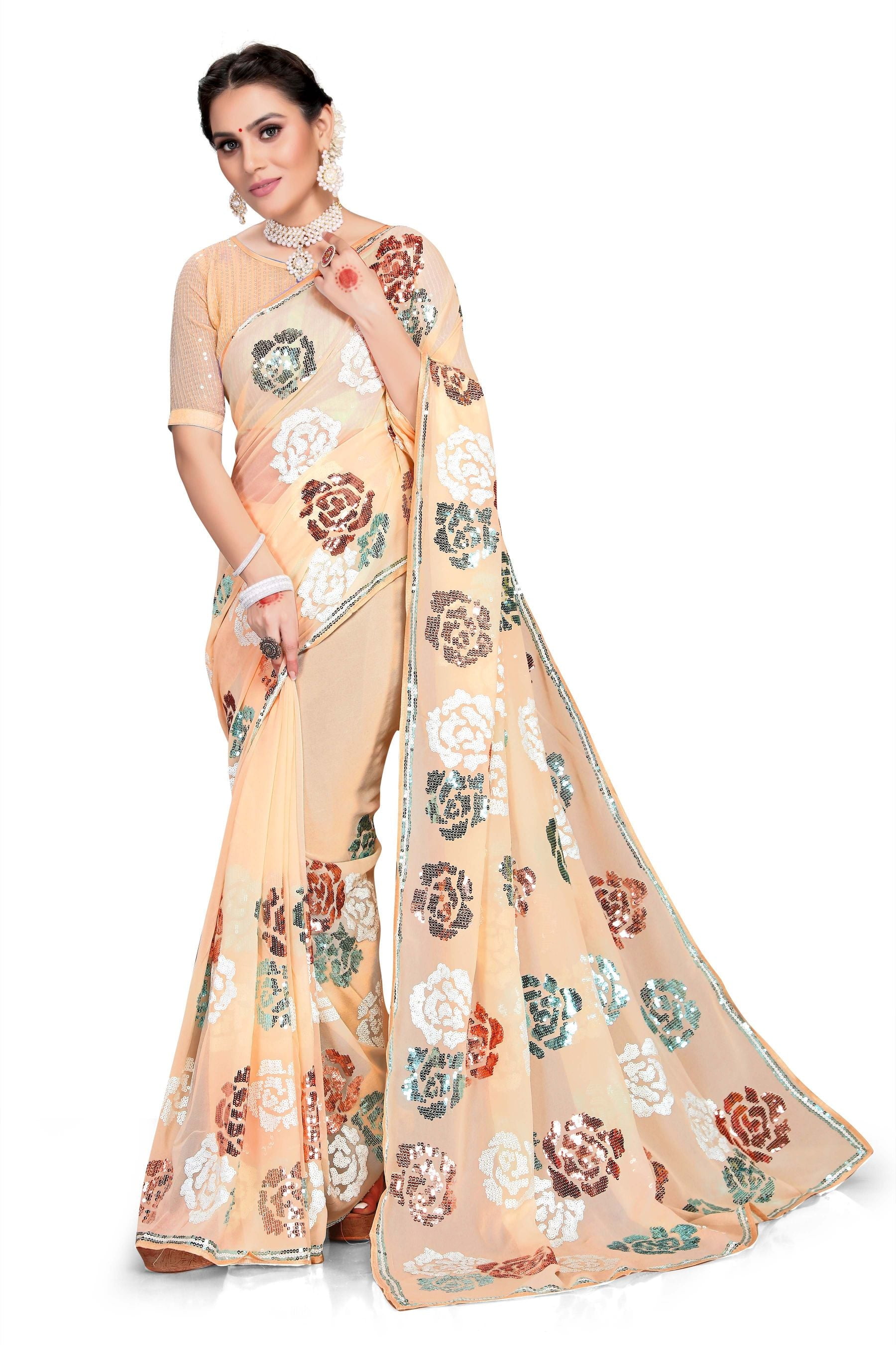 CRAFTSTRIBE Georgette Saree Festival Wear Cream Sari With Unstitched ...