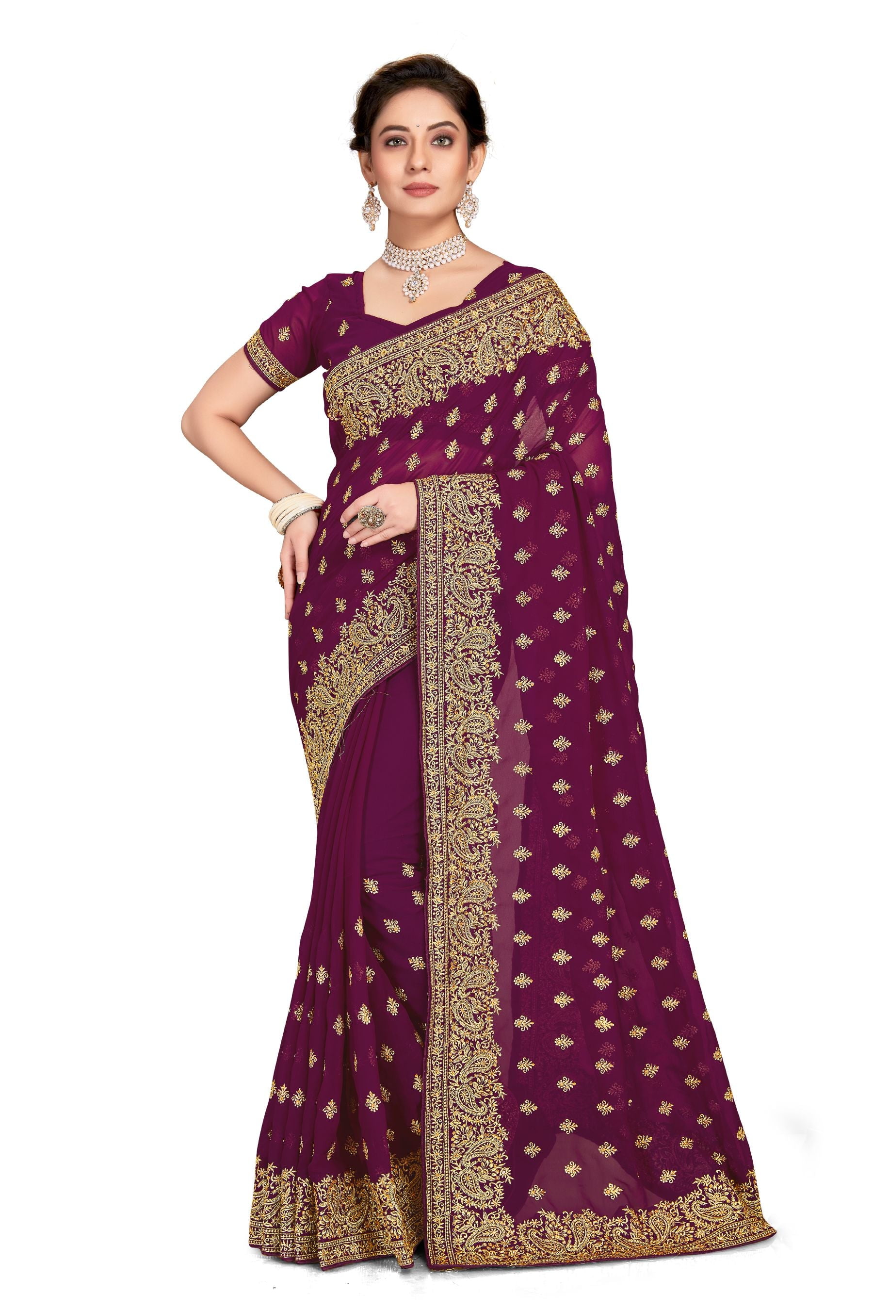 CRAFTSTRIBE Georgette Sari Wedding Wear Wine Color Saree With ...