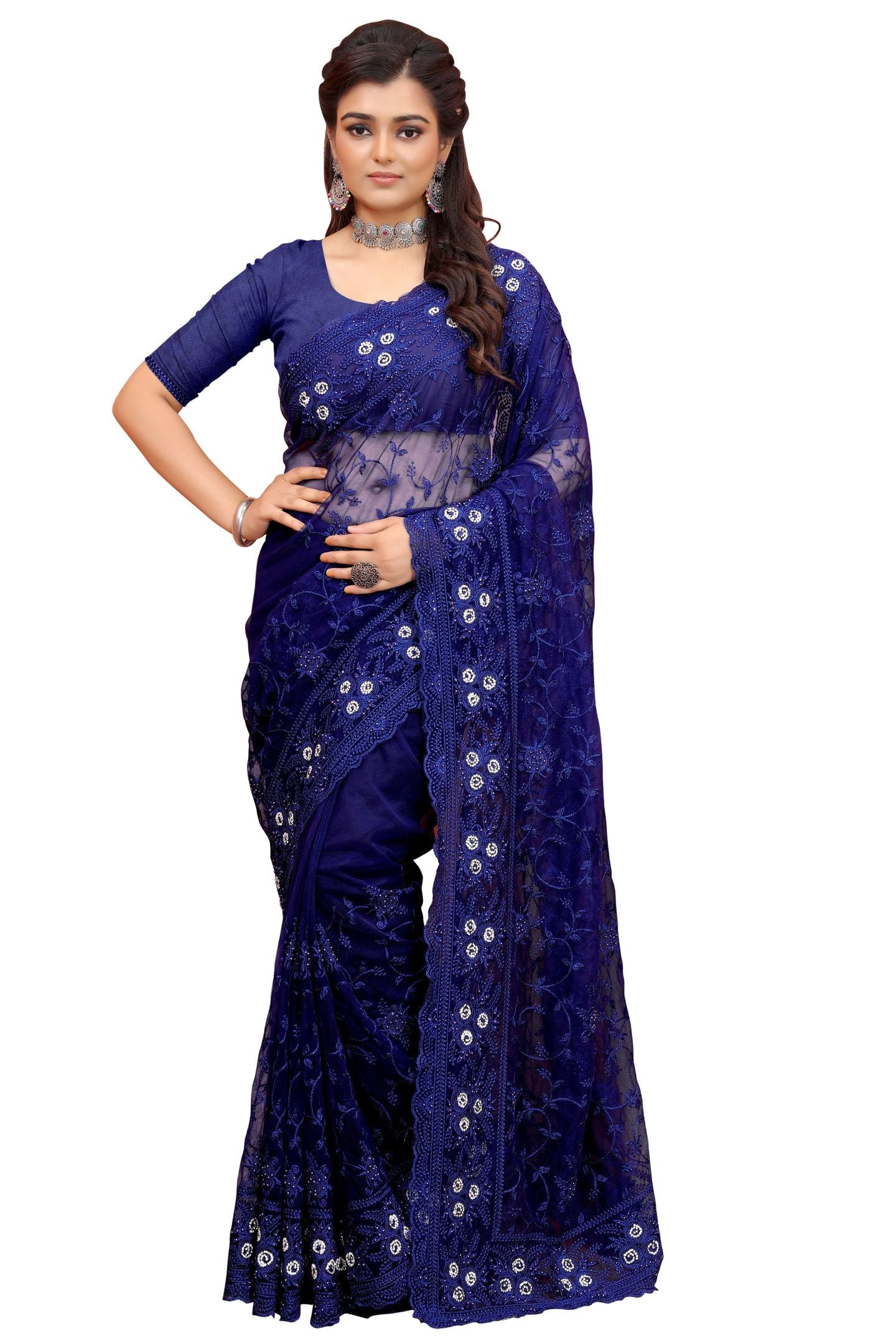 CRAFTSTRIBE Net Saree Embroidered Stone Work Sari Unstitched Blouse ...