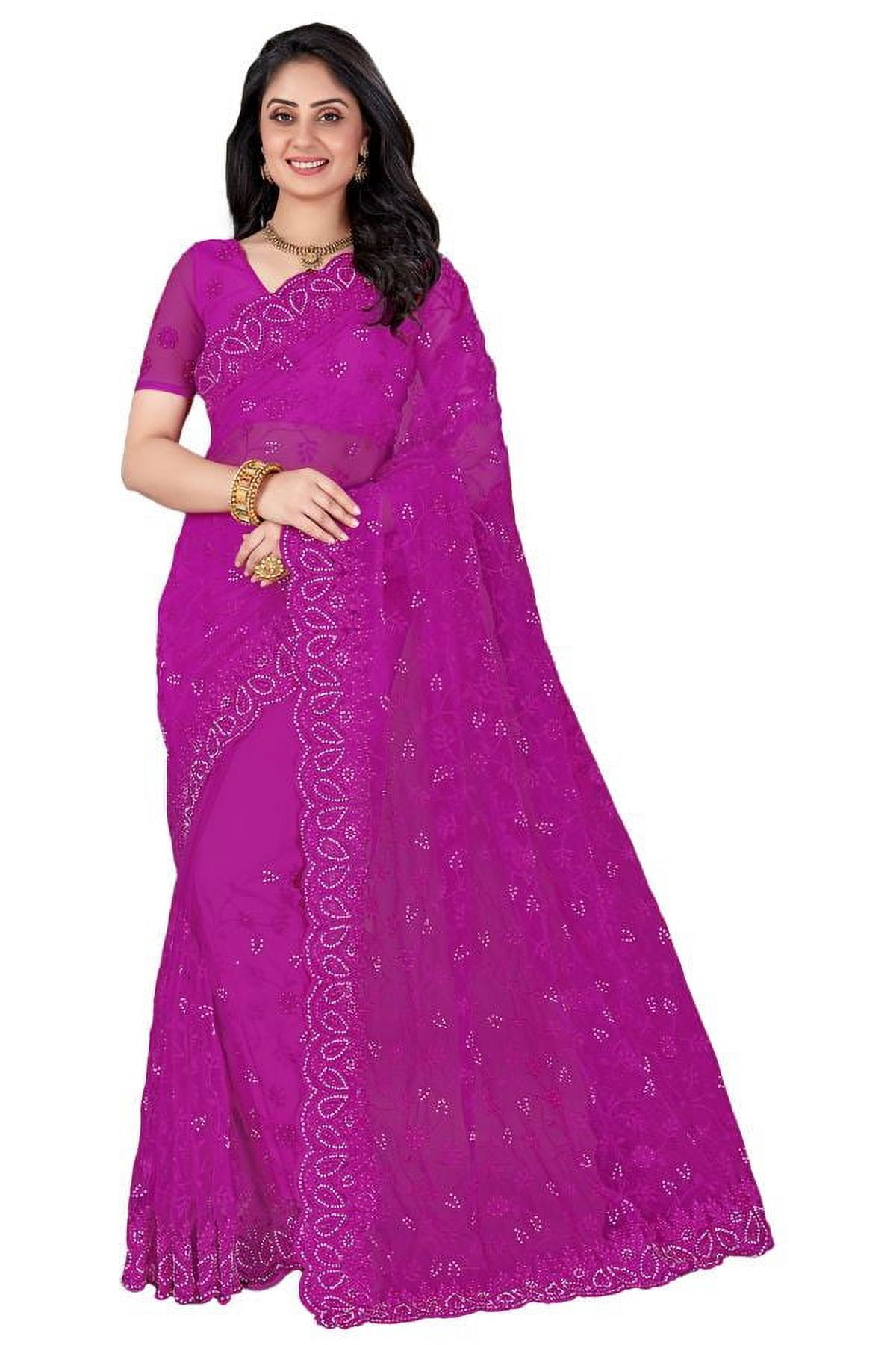 CRAFTSTRIBE Net Saree Festival Wear Magenta Sari With Unstitched Blouse ...