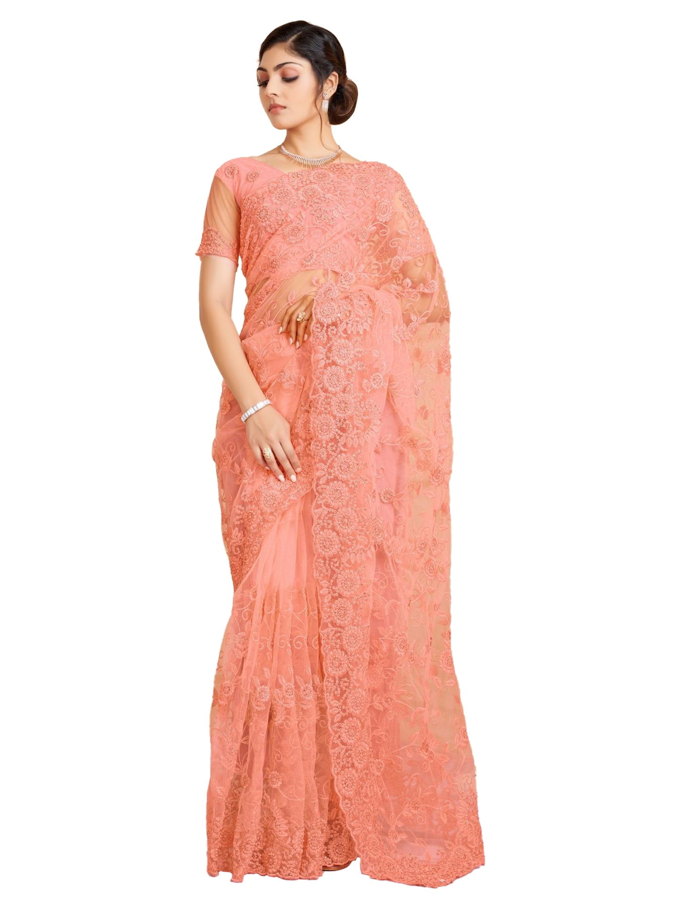 CRAFTSTRIBE Net Saree Wedding Wear Peach Sari With Unstitched Blouse ...