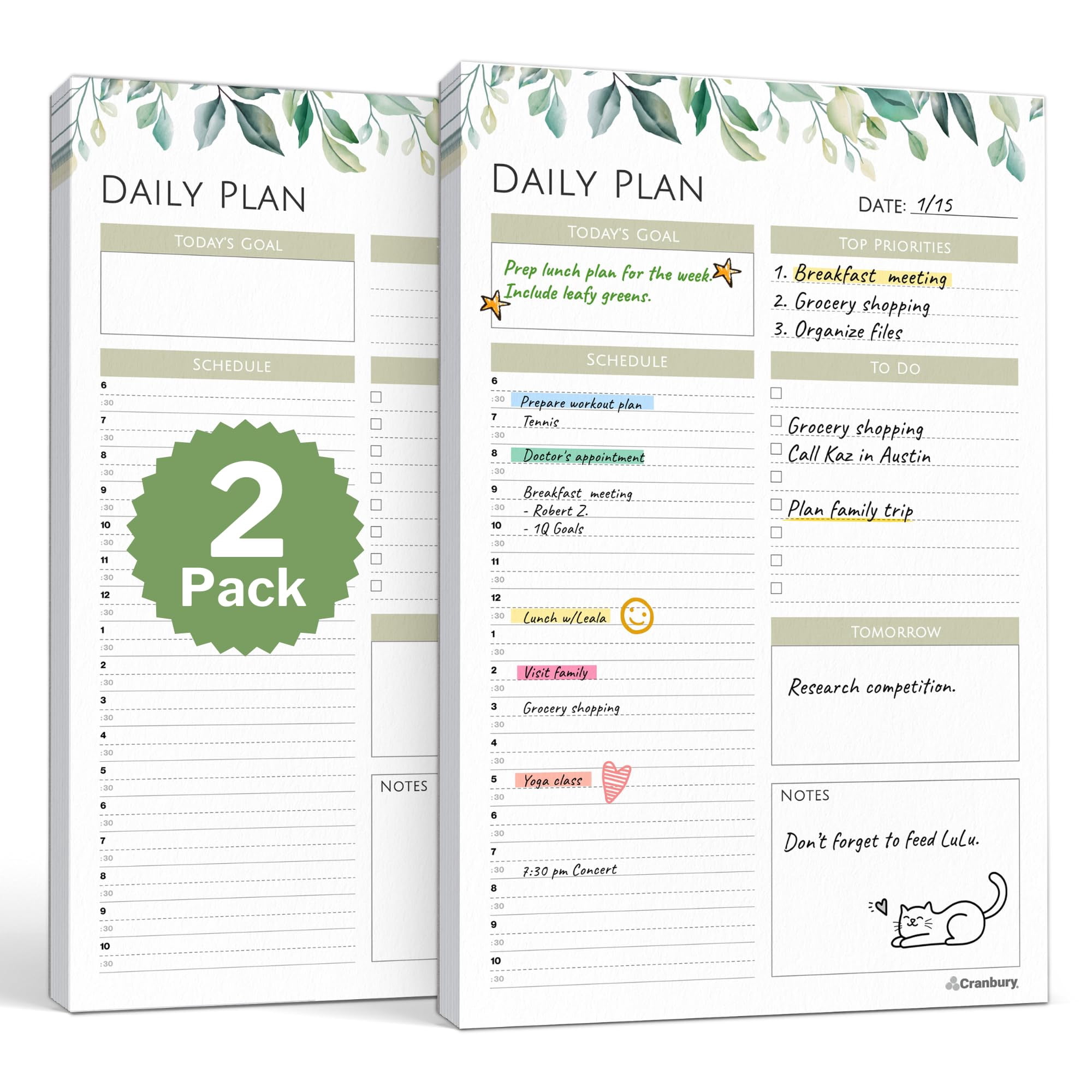 CRANBURY Daily Planner Notepad 2-Pack (5.5x8.5), 54 Tear-Off Pages ...
