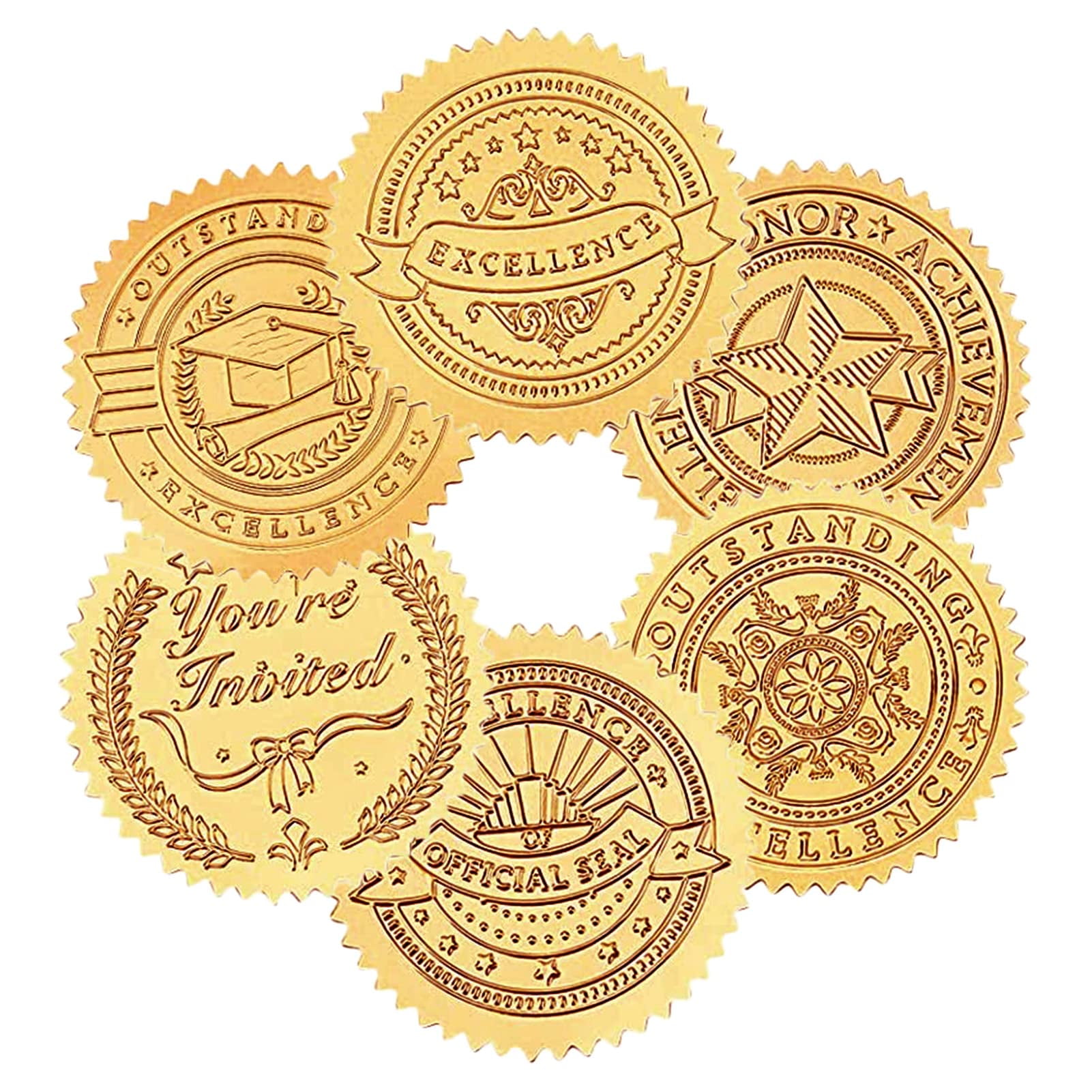 CRASPIRE 120pcs 2" Round Gold Embossed Seals Stickers 6 Style Gold Foil ...