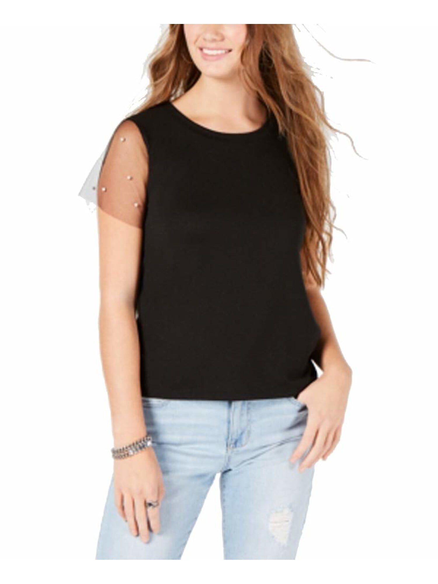 CRAVE FAME Womens Black Embellished Crew Neck Top L - Walmart.com