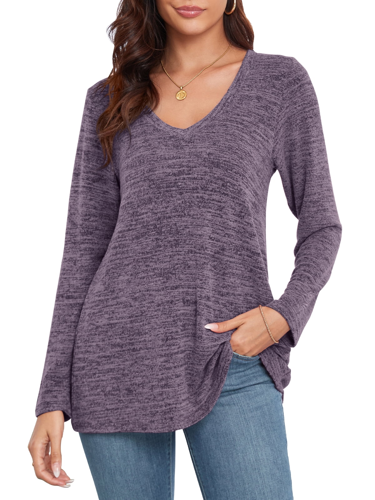 CRAYNER Casual Women's Blouses Loose Fit V-Neck Tops with Pocket Long ...