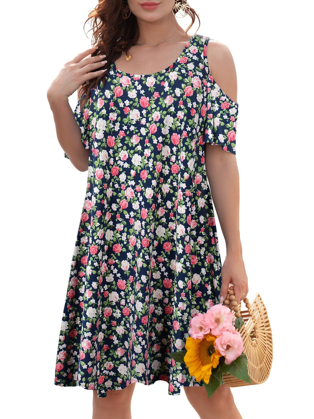 CRAYNER Women Summer Short Sleeve Dresses Casual Swing Cold Shoulder T ...