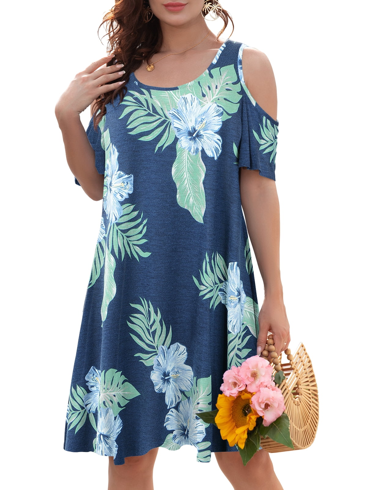 CRAYNER Women Summer Short Sleeve Dresses Casual Swing Cold Shoulder T ...