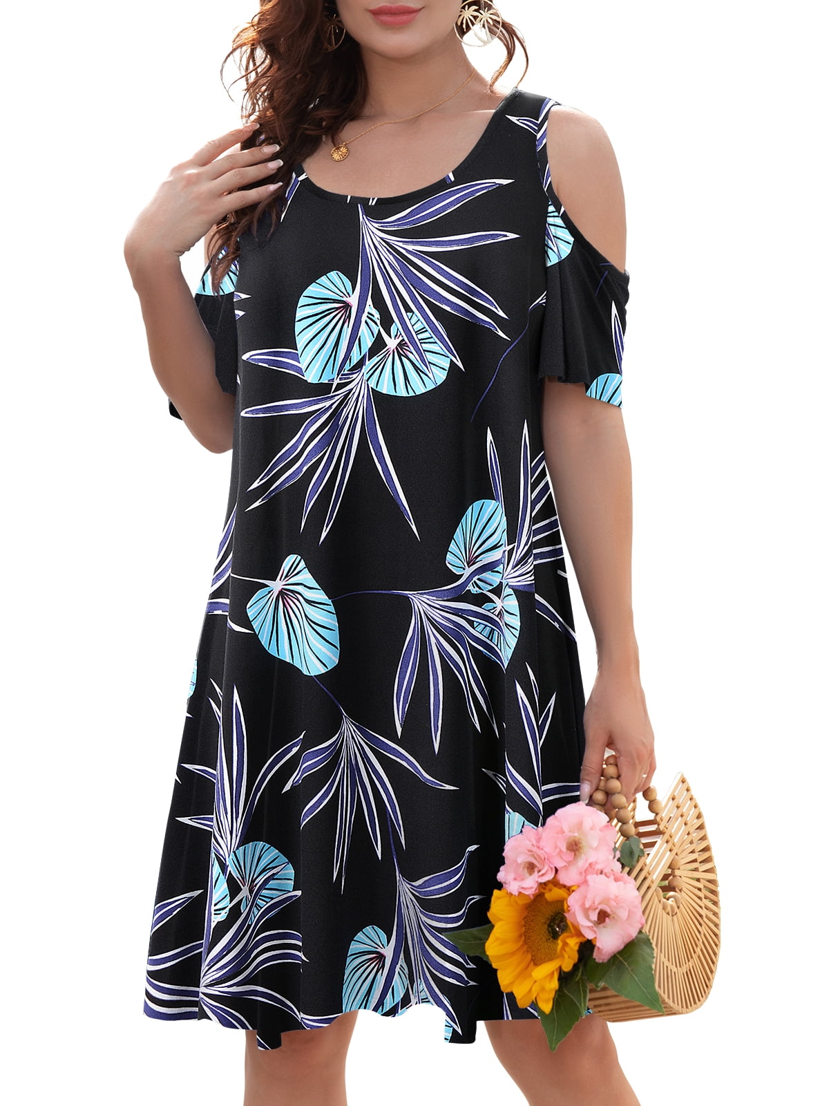 CRAYNER Women Summer Short Sleeve Dresses Casual Swing Cold Shoulder T ...