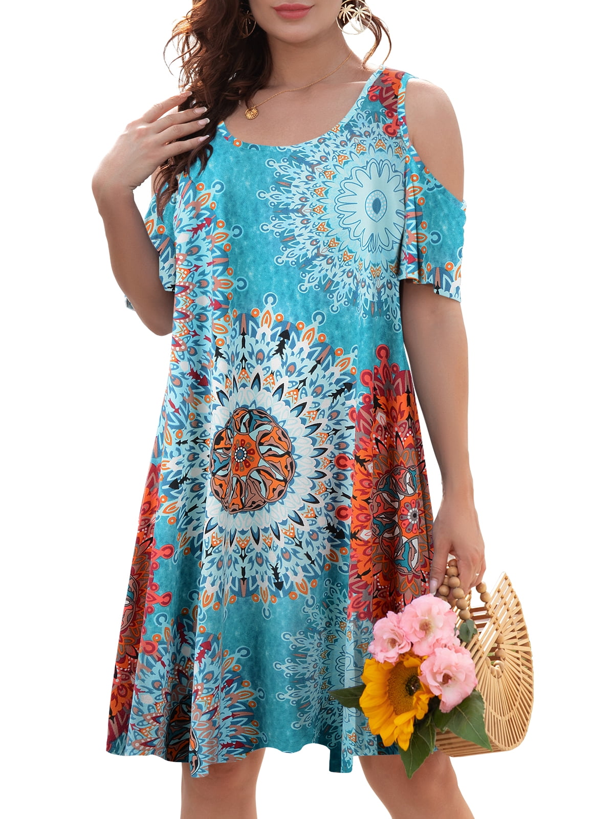 CRAYNER Women Summer Short Sleeve Dresses Casual Swing Cold Shoulder T ...