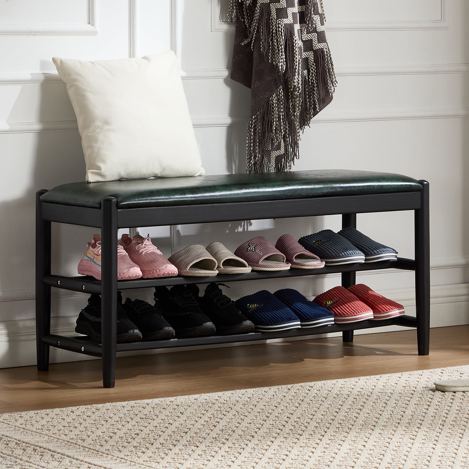 CREATISAN Entryway Bench, Solid Oak Wood Shoe Rack Bench, 3-Tier Shoe ...