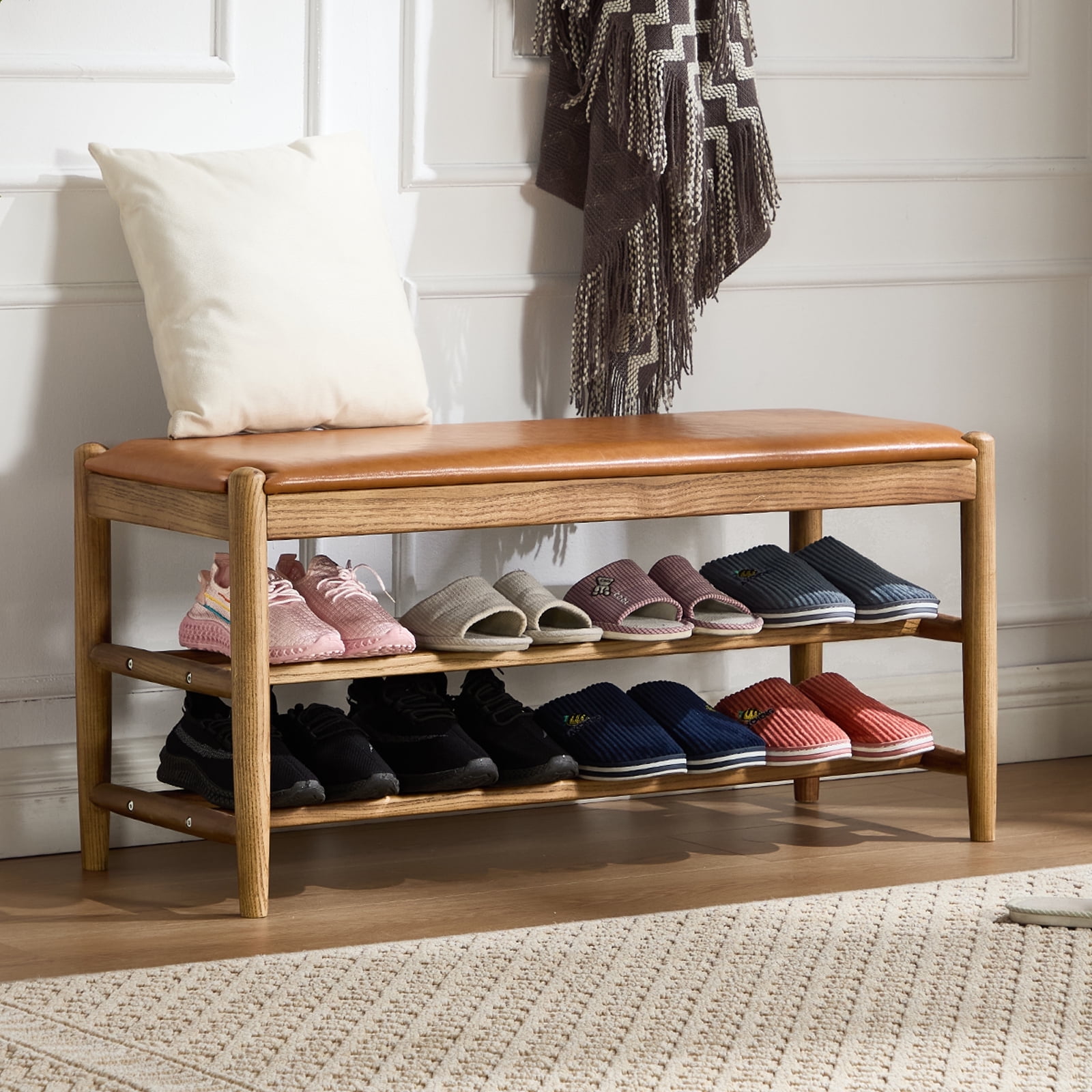 CREATISAN Entryway Bench, Solid Oak Wood Shoe Rack Bench, 3-Tier Shoe ...