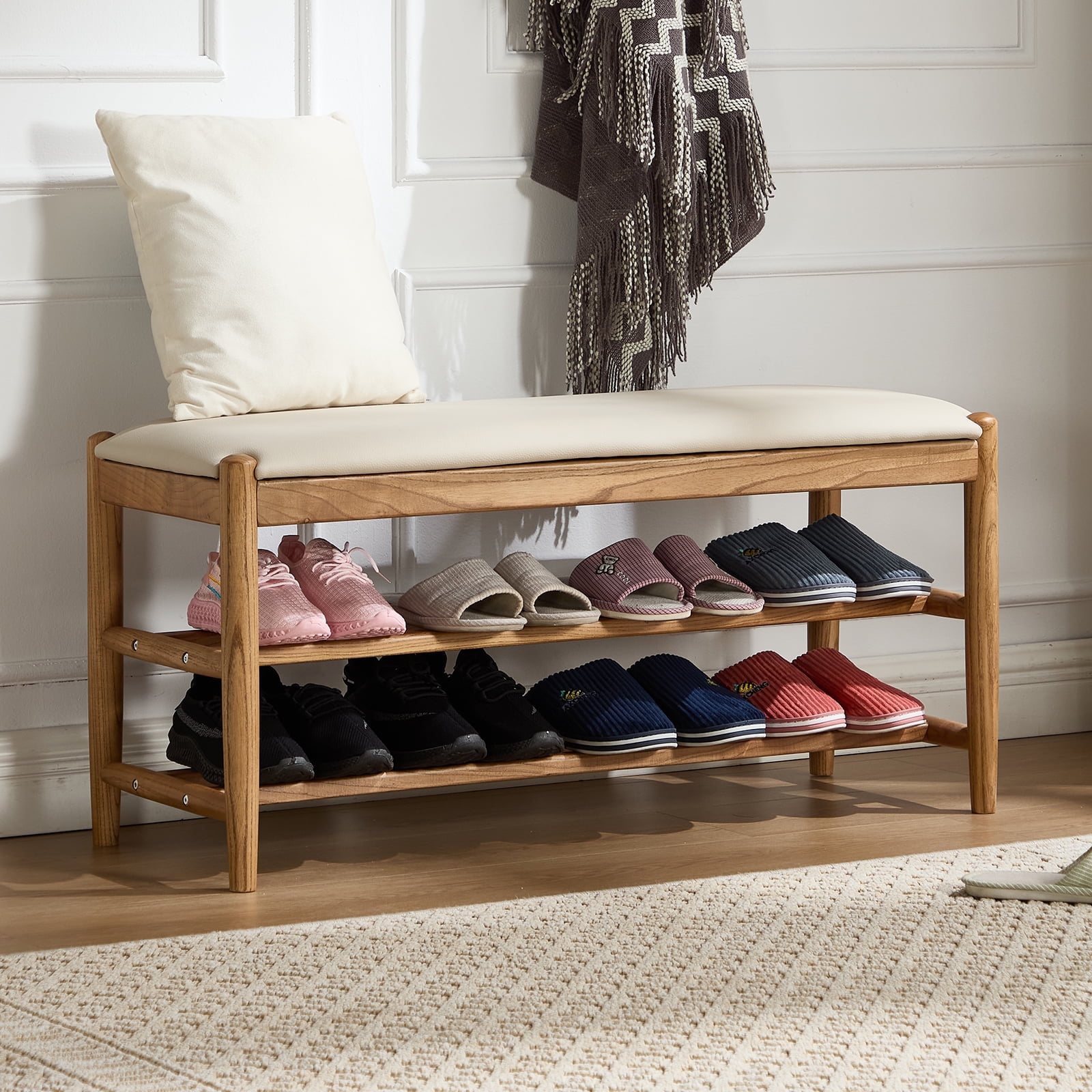 CREATISAN Entryway Bench, Solid Oak Wood Shoe Rack Bench, 3-Tier Shoe ...