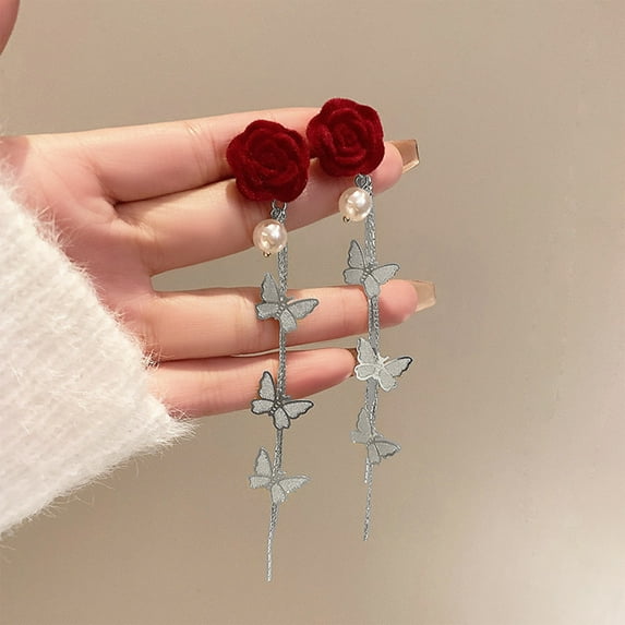 CREATITOY 1 Pc Red Flower Butterfly Tassel Earrings - Autumn Winter ...