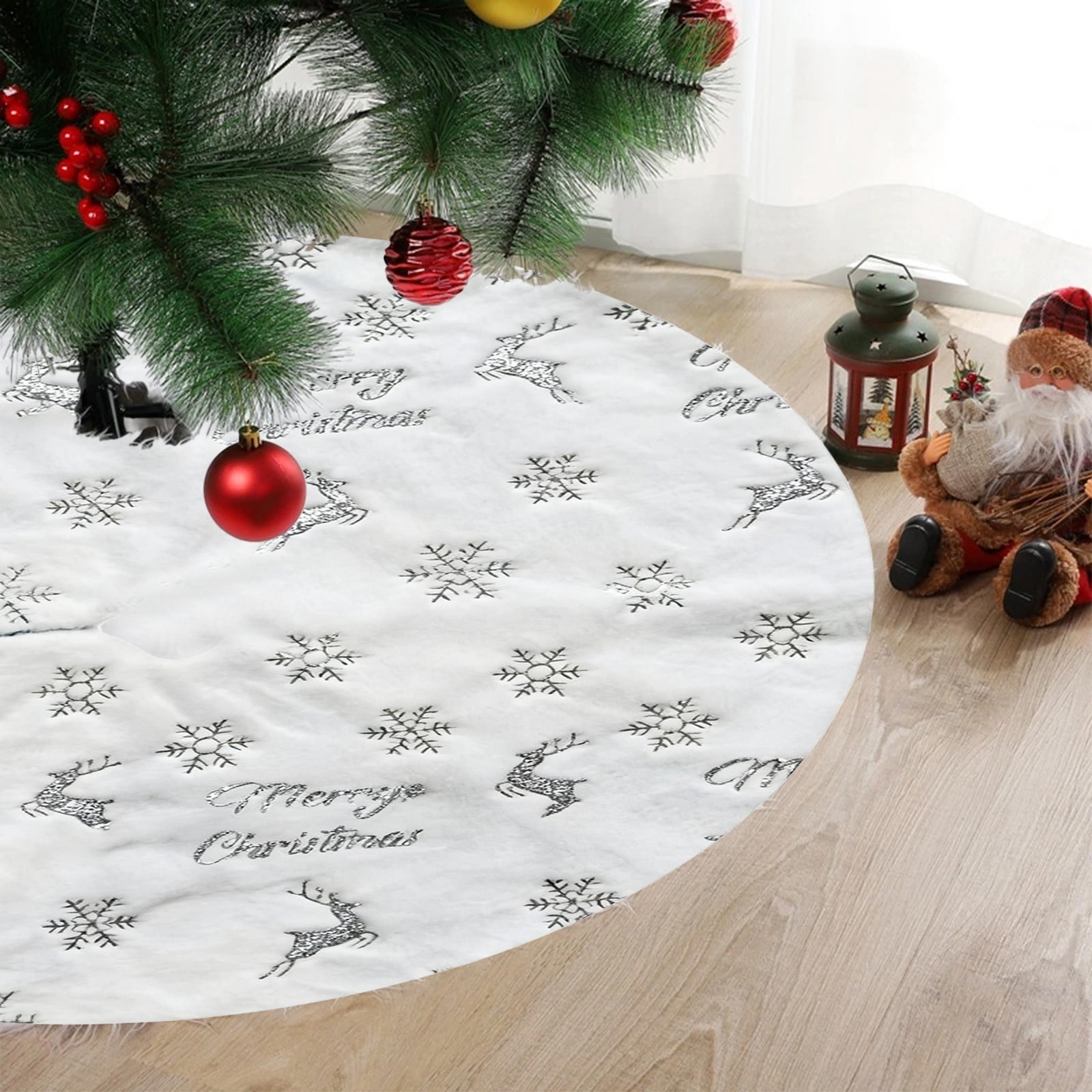 CREATITOY Christmas Tree Skirt Pure White Plush Snowflake Reindeer Gold ...