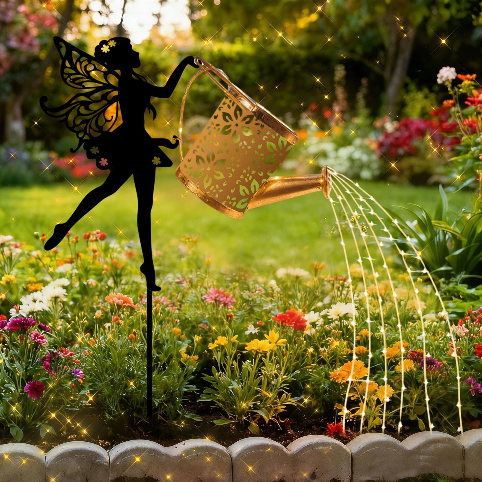 CREATITOY Solar-Powered Fairy Watering Can Light Metal Lawn Garden ...