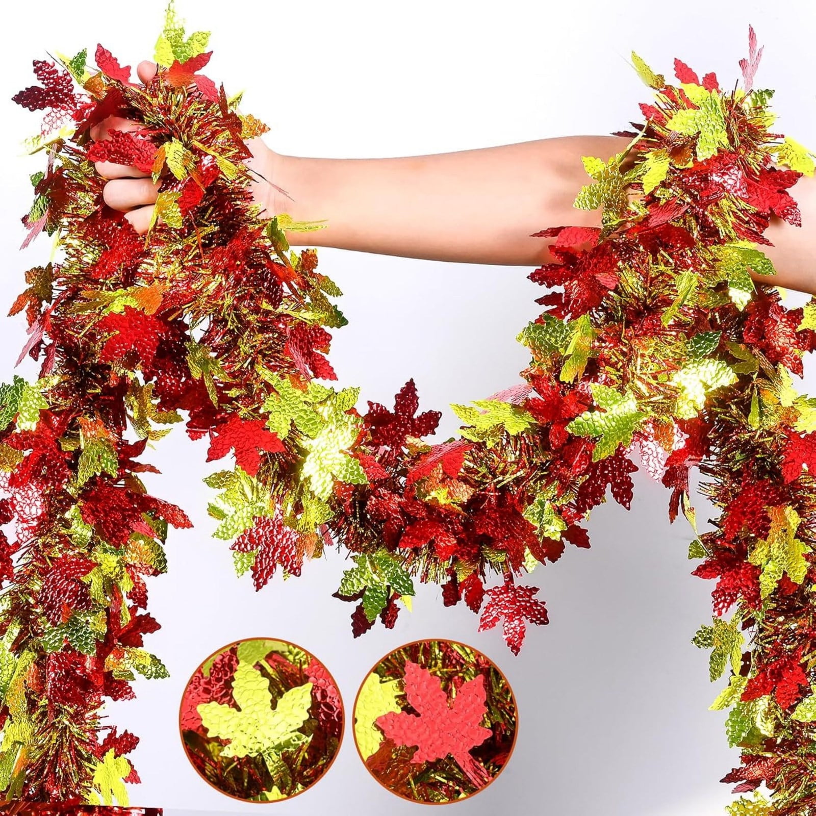 CREATITOY Thanksgiving Maple Leaf Garland with Faux Leaves & Tinsel ...