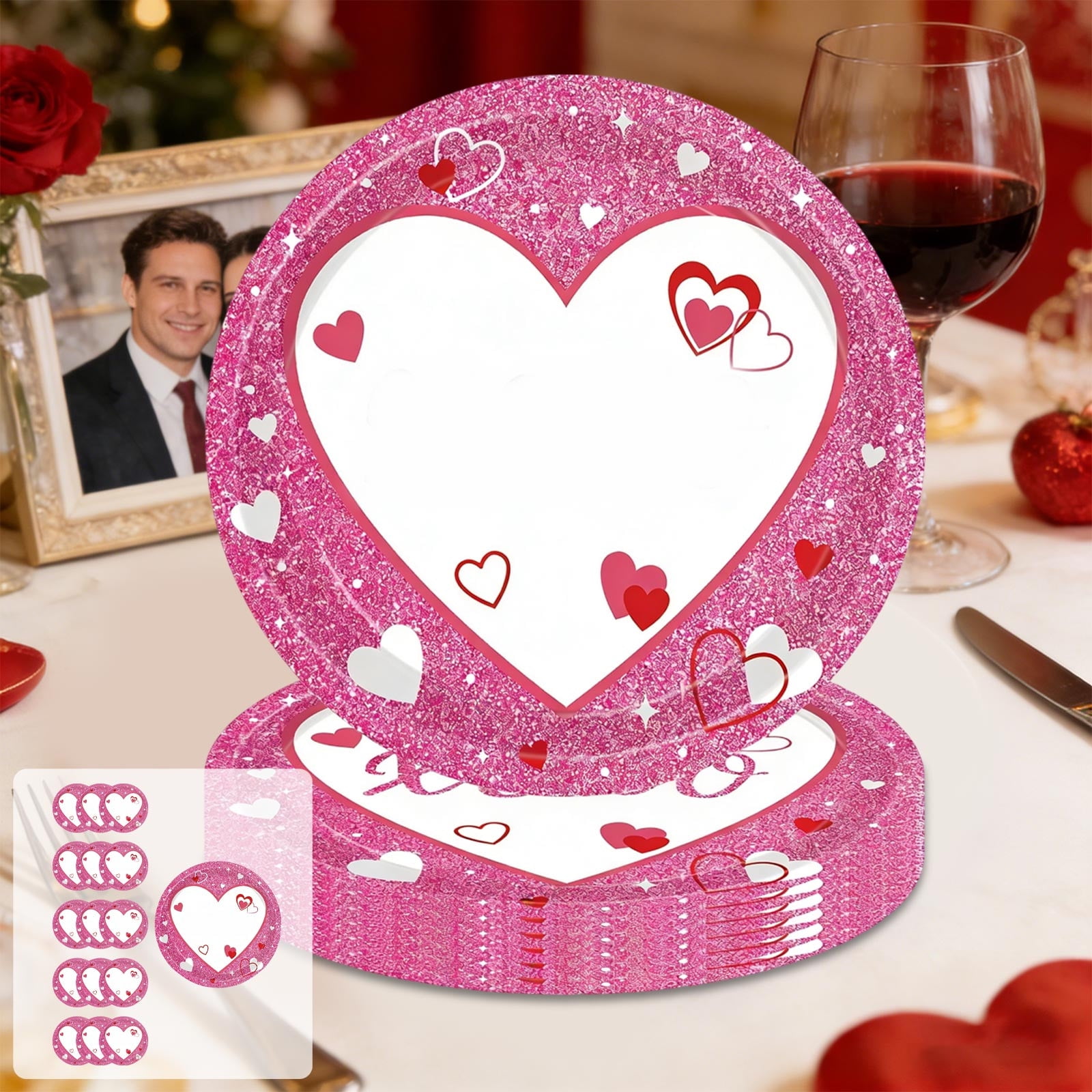 CREATITOY Valentine's Day Pink Glitter Heart Disposable Set Plates Cups ...