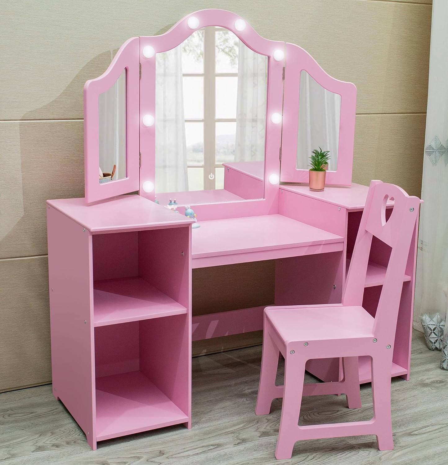CREATIVE HOBBIES 2 Piece Kids Makeup Desk, Tri-folding Mirror and Chair ...