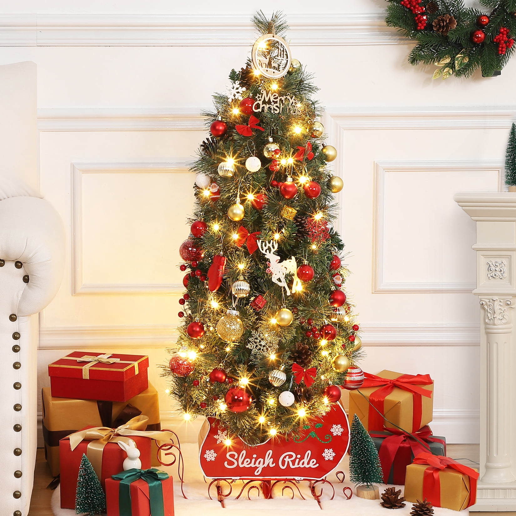 CREATIVE HOBBIES 4.5 FT Artificial Holiday Christmas Tree with Sleigh ...