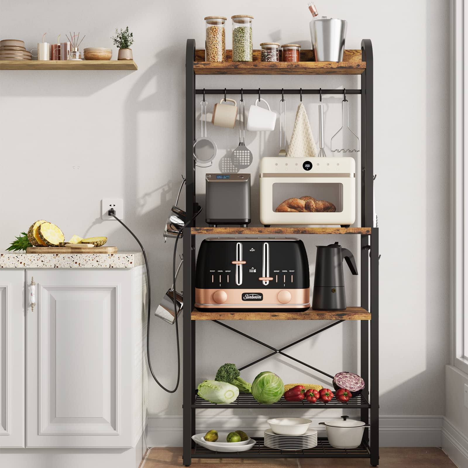 CREATIVE HOBBIES Bakers Rack, Microwave Stand with Power Outlet, Narrow ...