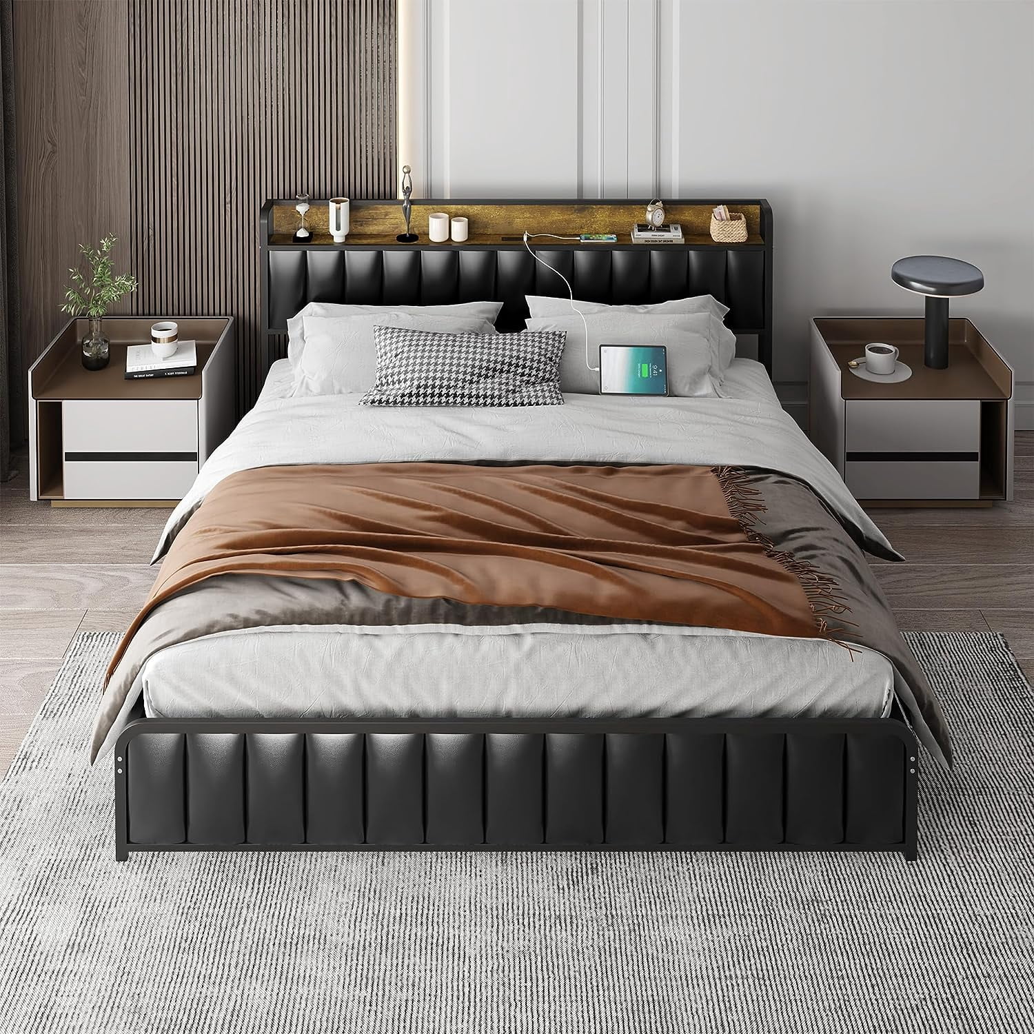 CREATIVE HOBBIES Bed Frame PU Vintage Upholstered Platform Bed Frame ...