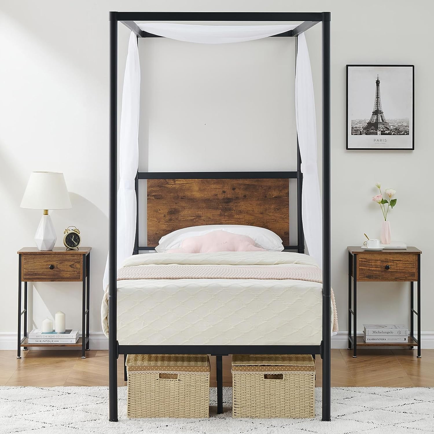 CREATIVE HOBBIES Canopy Bed Frame Twin Size, Black Four-Poster Platform ...