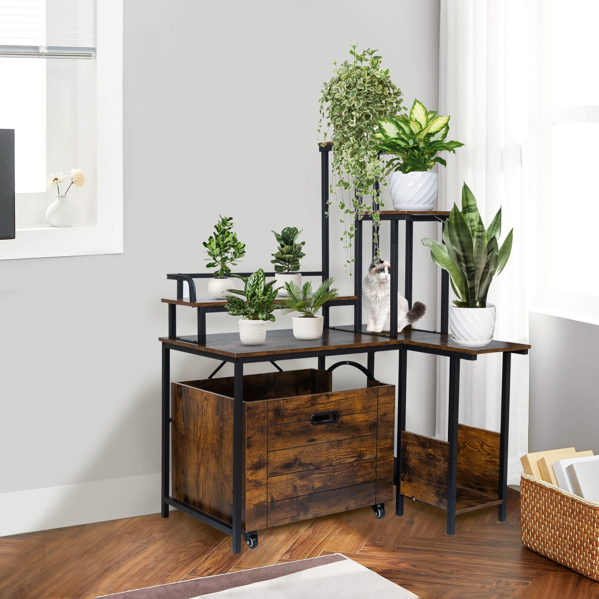 CREATIVE HOBBIES Cat Litter Box Enclosure Furniture with Flower Stand ...