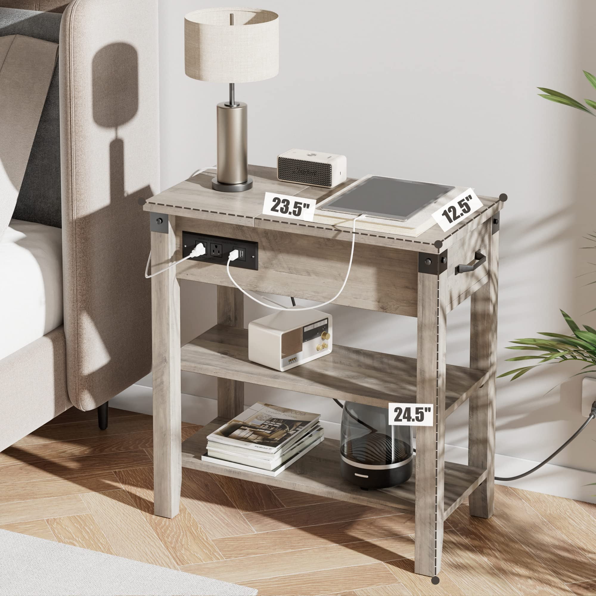 CREATIVE HOBBIES End Table with Charging Station, 3-Tier Side Table ...