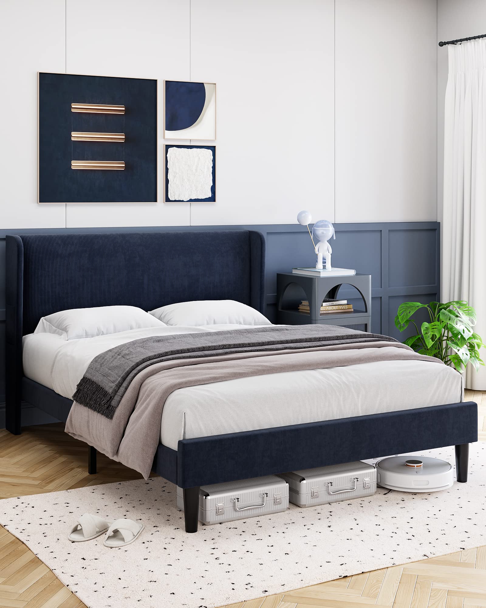 CREATIVE HOBBIES Full Bed Frame, Upholstered Platform Bed with Wingback ...