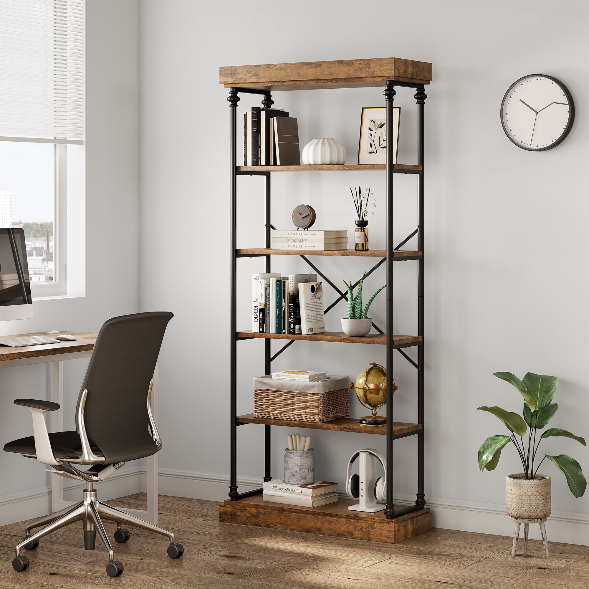 CREATIVE HOBBIES Industrial Bookshelf Tall Bookcase 6 Tier Storage Open ...